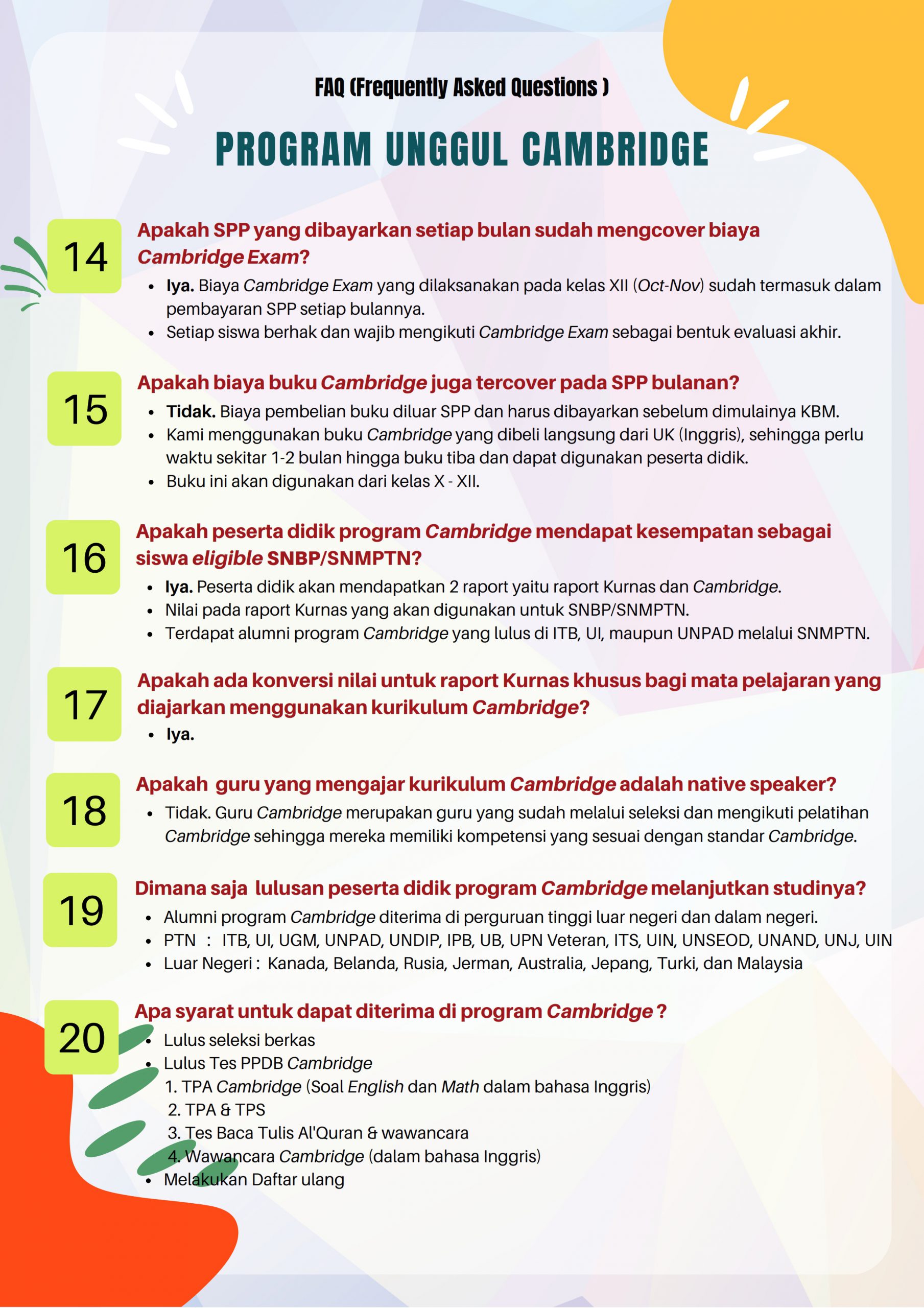 FAQ PPDB Progam Unggul Asrama dan Program Unggul Cambridge – MAN 4 Jakarta