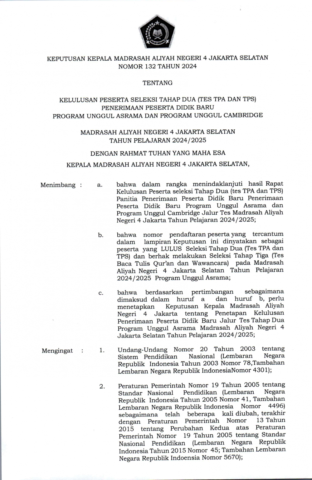 SK KELULUSAN PESERTA SELEKSI TAHAP DUA (TES TPA DAN TPS) PPDB PROGRAM ...