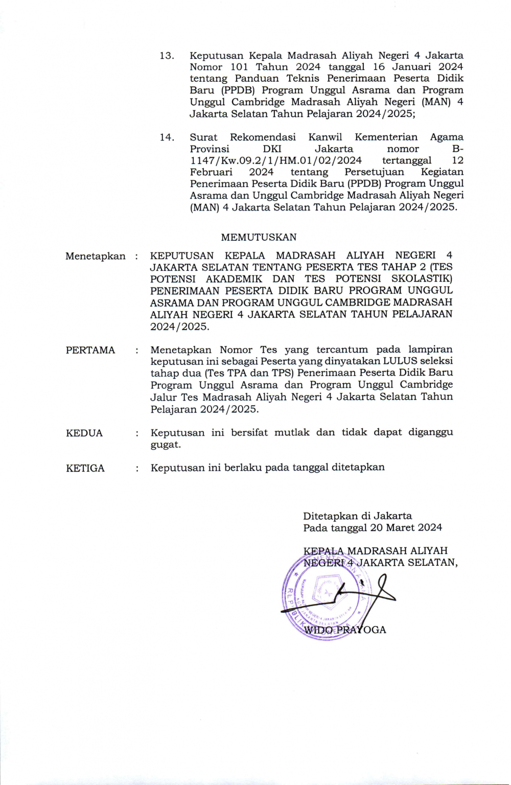 SK KELULUSAN PESERTA SELEKSI TAHAP DUA (TES TPA DAN TPS) PPDB PROGRAM ...